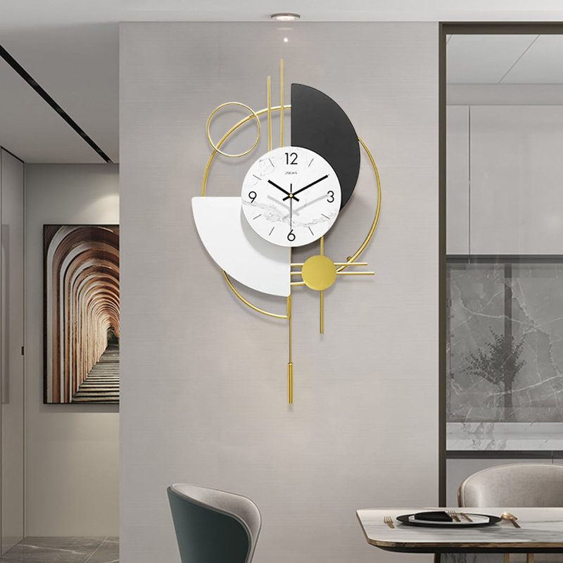 Willa Arlo™ Interiors Eustace Wall Clocks for Living Room, 3D Gold Pendulum Geometric Mute Metal ...